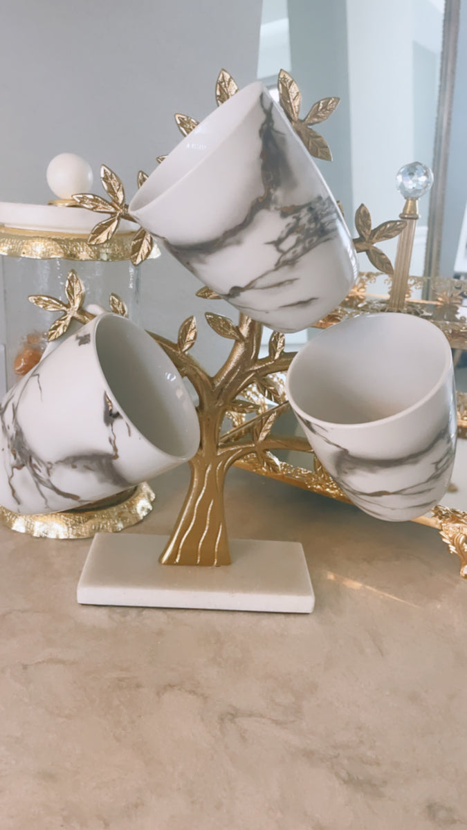 Gold METAL MUG/JEWELRY TREE w/ Marble Base – Black and Brass Home Decor